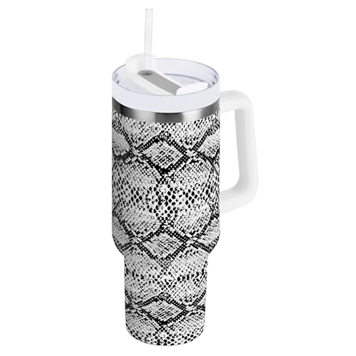 Joisal Black Snakeskin Texture Travel Tumbler Reusable Insulated Water Bottle with Handle Coffee Mug