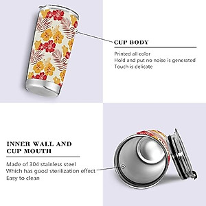 Tropical Style Flower Leaves Yellow and Red Stainless Steel car cup with Lid and Straw mug for hot drinks for hot and cold drinks leakproof flip straw tumbler 20 OZ