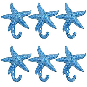 Set of 6 Starfish Cast Iron Wall Hooks Sea Star Decorative Wall Hook Antique Blue Outdoor Towel Hooks Starfish Decorative Coat Hooks for Aprons Hats Keys Bathroom Kitchen