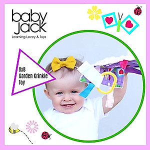Baby Jack & Co 8x8” Garden Lovey Tag Toys for Babies - Baby Crinkle Toys - Crinkle Toys for Baby - Soft & Safe - Learn Shapes & Colors - Ideal Baby Toy - BPA Free w/Stroller Clip