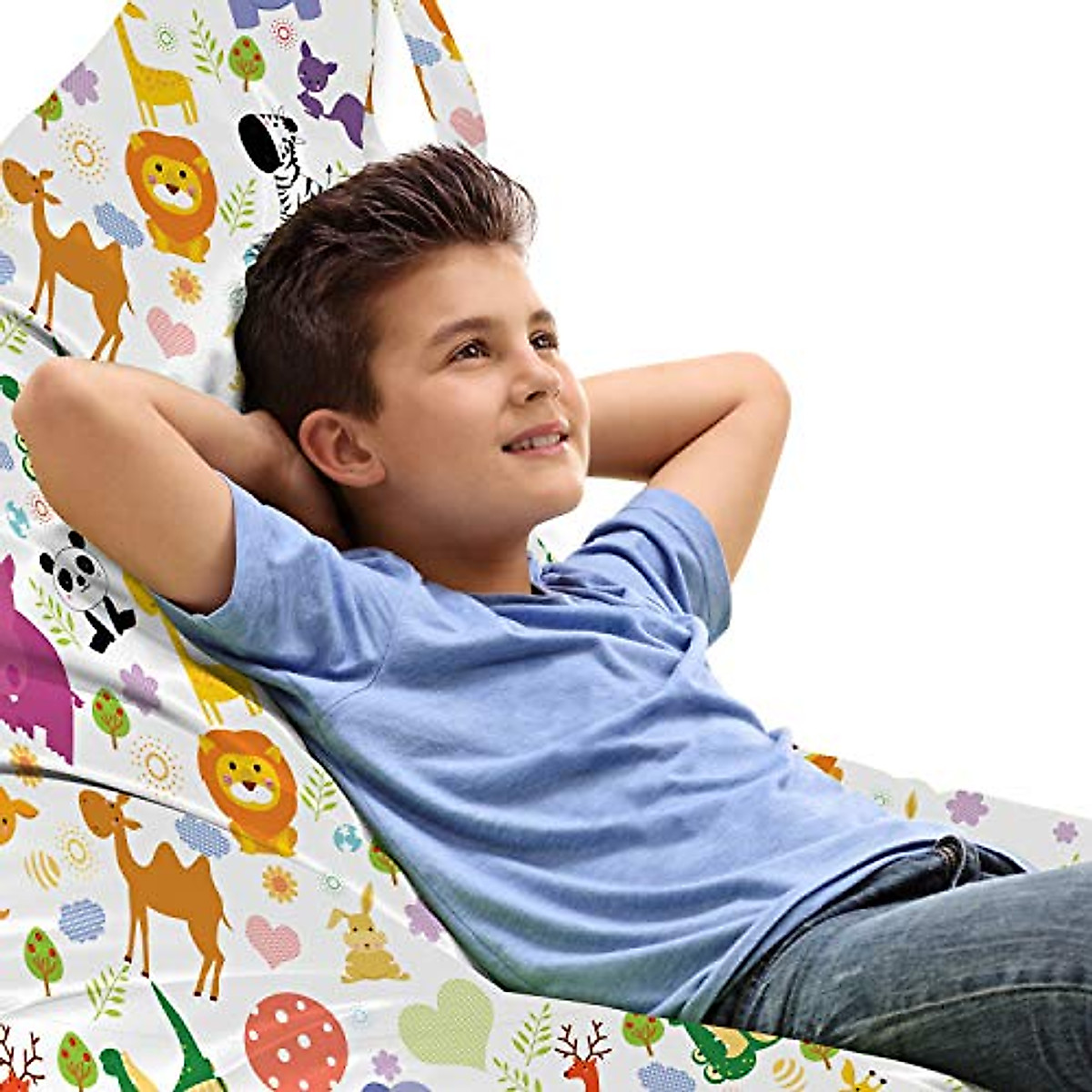 Ambesonne Cartoon Animal Lounger Chair Bag, Love of Nature Theme Pattern with Exotic Zoo Comic Characters, High Capacity Storage with Handle Container, Lounger Size, Multicolor