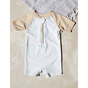 Leveret Kids Baby Boys Girls One Piece Rashguard UPF 50+ Solid Beige/White Size 12-18 Months