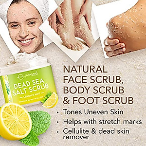 O Naturals Exfoliating Lemon Oil Dead Sea Salt Deep-Cleansing Face & Body Scrub. Anti-Cellulite Tones Helps Oily Skin, Acne, Ingrown Hairs & Dead Skin Remover. Essential Oils, Sweet Almond 18oz