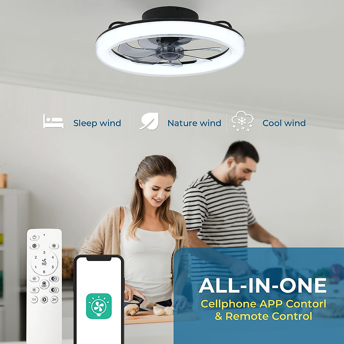 Orison 20'' Ceiling Fans with Lights, Low Profile Ceiling Fan with Light and Remote, Flush Mount Ceiling Fan with 6-Speed Reversible Blades and App Controlled, for Bedroom Living Room Kitchen (Black)