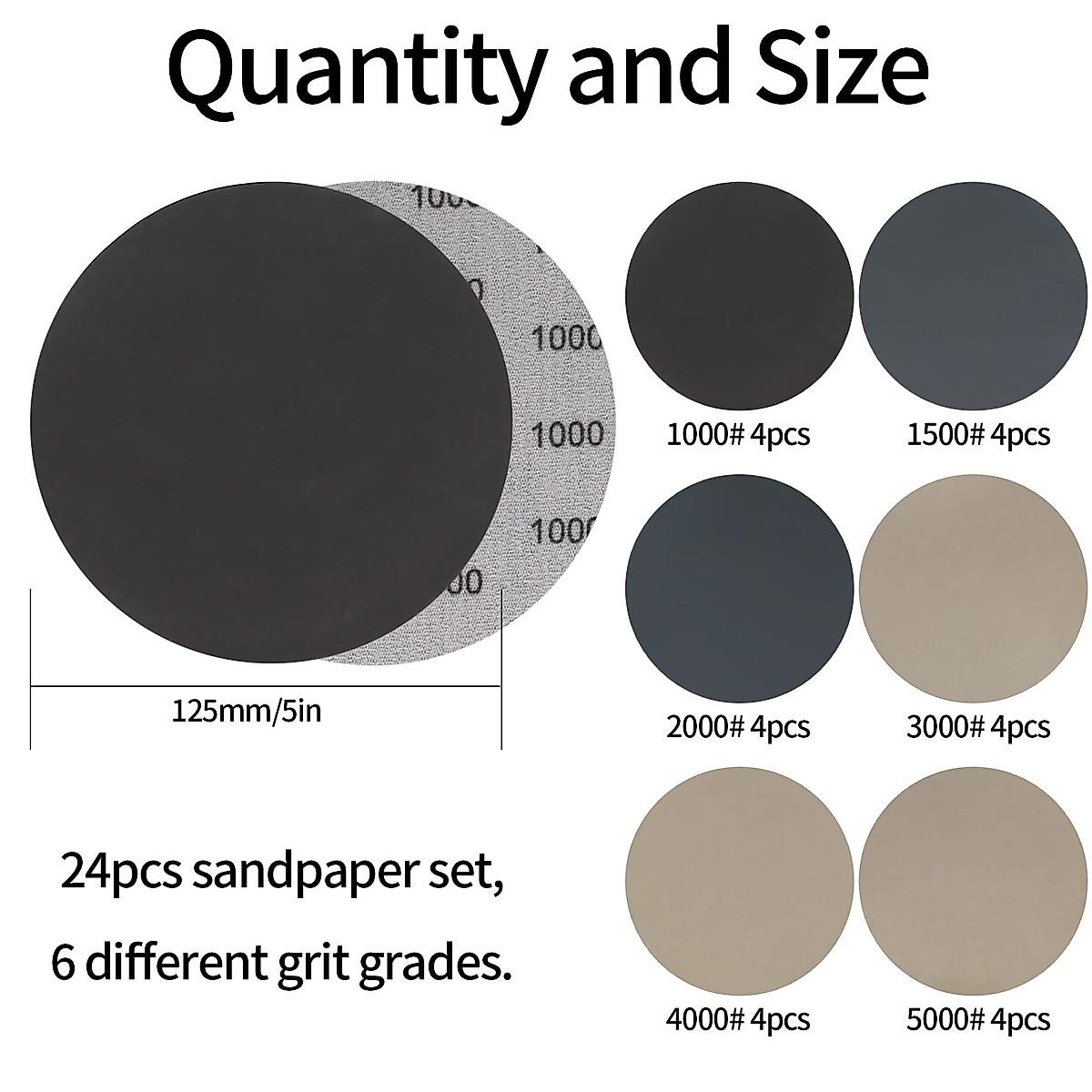 YOUYIDUN - 30 Pcs 5 Inch(125 mm) Wet Dry Sandpaper, 1000/1500/2000/3000/4000/5000 Assorted Grit Hook & Loop Sanding Discs Paper, Silicon Carbide Polish Sandpaper for Auto Wood Metal Sanding Polishing