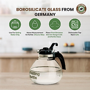 CAFÉ BREW COLLECTION Borosilicate Glass Stove Top Whistling Tea Kettle - Best BPA Free Whistling Tea Kettle - Best Glass Tea Kettle - 12 Cup Stovetop Glass Whistling Tea Kettle by Medelco