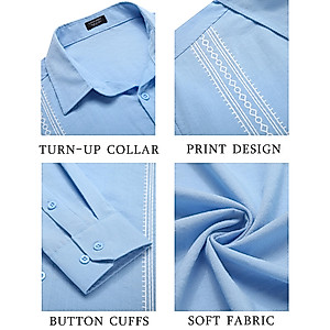 COOFANDY Men's Cuban Guayabera Shirt Long Sleeve Casual Button Down Shirts Beach Linen Shirt Light Blue