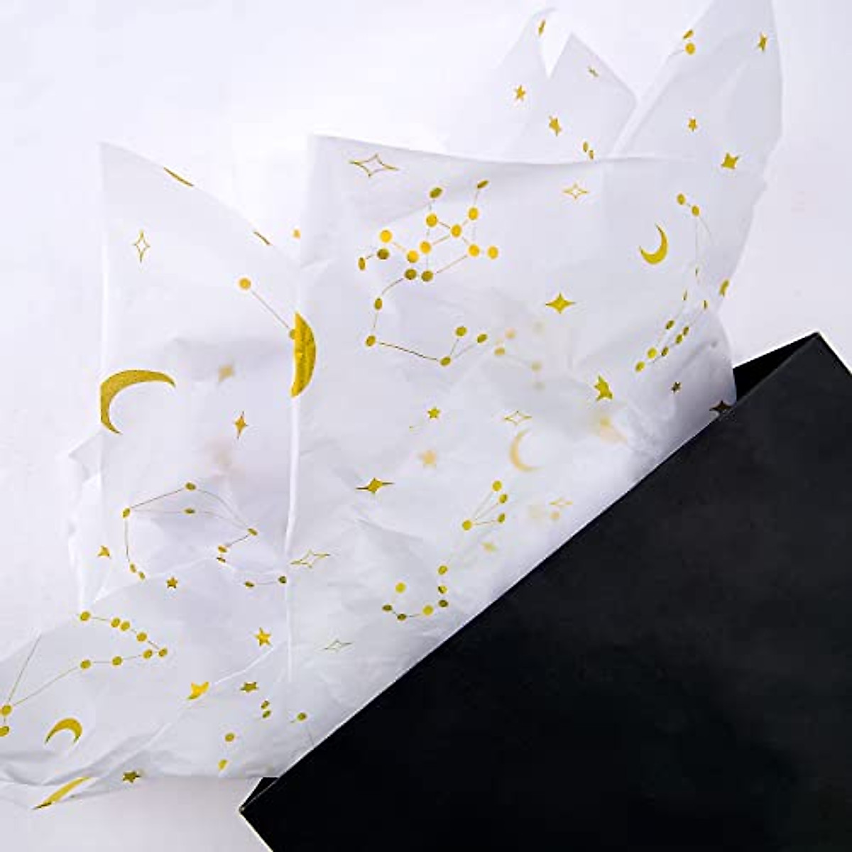 MR FIVE 100 Sheets Galaxy Tissue Paper Bulk,20" x 14",White with Gold Moon and Star Tissue Paper for Gift Bags,Star Gift Wrapping Tissue Paper for Birthday,Christmas Holiday