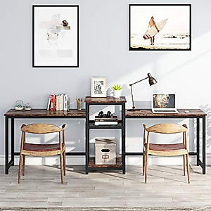 Tribesigns 96.9" Double Computer Desk with Printer Shelf, Extra Long Two Person Desk Workstation with Storage Shelves, Large Office Desk Study Writing Table for Home Office, Dark Brown