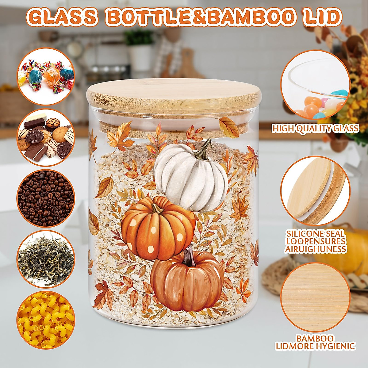 JarThenaAMCS 3Pcs Fall Thanksgiving Glass Storage Jars with Airtight Bamboo Lids 17oz Autumn Leaves Pumpkins Clear Food Storage Canisters for Home Kitchen Countertop Decoration
