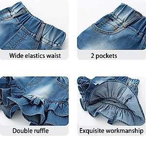 TIBE PINCESS Girls Denim Shorts 2 Layers Ruffles Lace Kids Fashion Skirt Shorts Summer Beach Sports Shorts Light Blue Size 3-4T