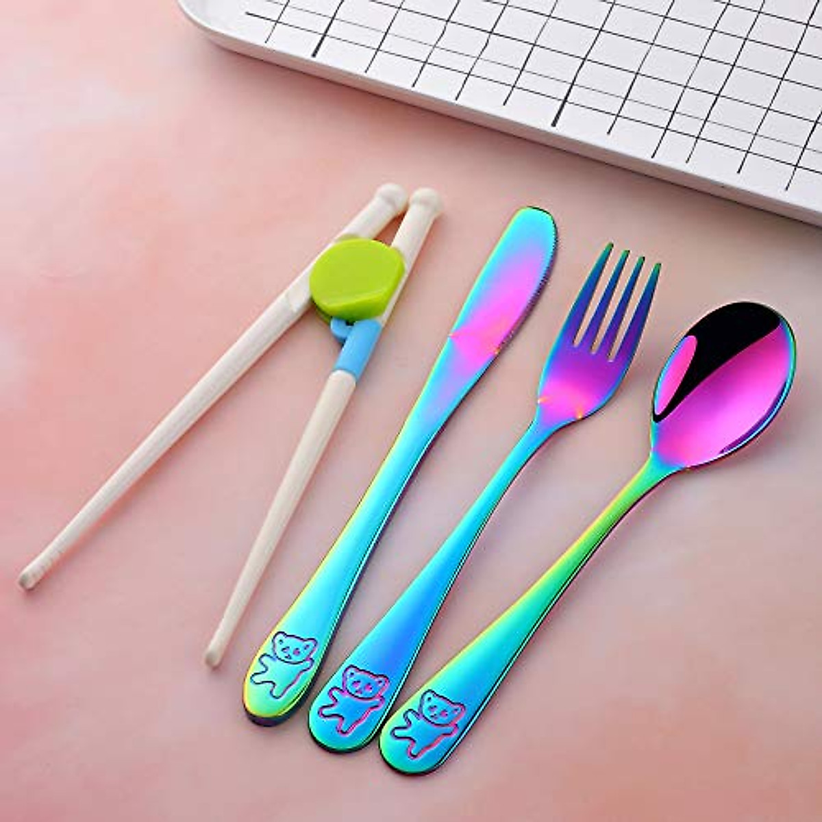 Kids Silverware, Poylim Stainless Steel Children Flatware Set, Toddler Utensils Set of 2, Rainbow