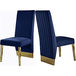 Meridian Furniture Porsha Collection Modern | Contemporary Dining Chair with Deep Channel Tufted Back and Sturdy Metal Legs, Set of 2, 19.5" W x 27" D x 42" H, Navy Velvet Upholstered