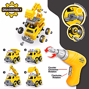 4-in-1 Take Apart Car Toys for Boys, DIY Engineering Construction Truck Toy Vehicle - Dump Truck, Cement Mixer, Excavator, Crane, Kids Building Educational Toy Gift for Age 3 4 5 6 7 8 Year Old Girls
