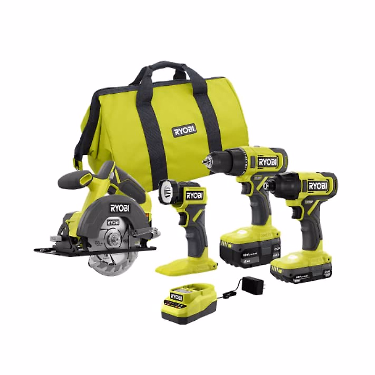 ONE+ 18V Cordless 4-Tool Combo Kit with 1.5 Ah Battery, 4.0 Ah Battery, and Charger