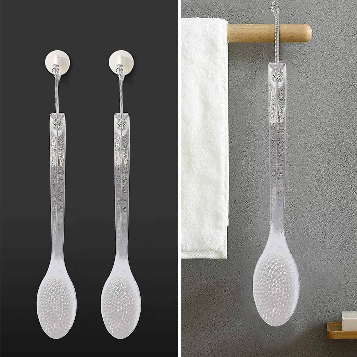 Mczxon Body Brush Dry Brushing Back Scrubber with Curved Plastic Long Handle Clear Bath Shower Brush Dry Skin Exfoliating Cellulite Brush for Men and Women(Transparent Handle)