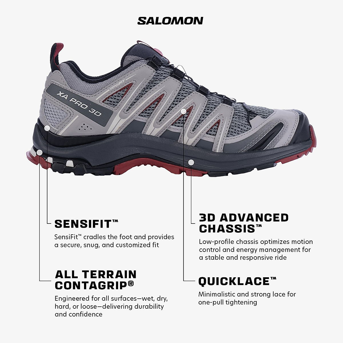 Salomon Men's XA PRO 3D Trail Running Shoes for Men, Monument / Ebony / Red Dahlia, 12