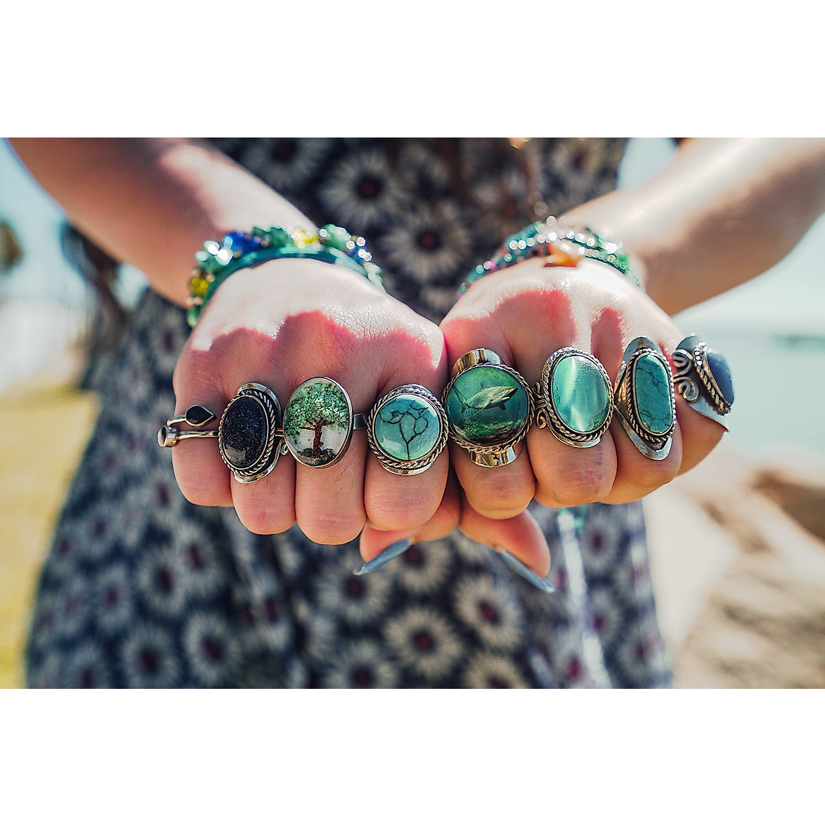 Mia Jewel Shop Ellipse Oval Flat Healing Gemstone Crystal Cabochon Silver Metal Border Adjustable Ring - Womens Natural Fashion Handmade Jewelry Boho Accessories (Turquoise Howlite)