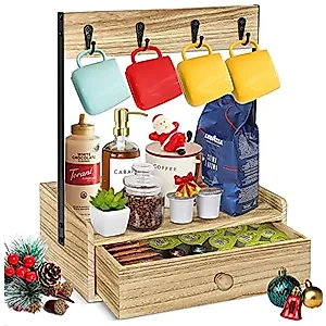 Rustic Coffee Station Organizer for Counter, Wood Coffee Mug Holder Stand with 8 Mug Hooks, Coffee Mug Tree Rack with Drawer and Storage Shelf, Coffee Bar Accessories Organizer Kitchen Storage Racks