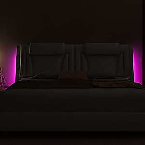 Keyluv Modern Upholstered Bed Frame with Adjustable LED Headboard, Pu Leather Platform Bed with Wave-Like Curve Design and Solid Wooden Slats Support, No Box Spring Needed, Noise Free, King, White