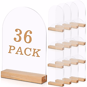 36 Packs 5 x 7 Inch Arch Acrylic Signs with Stand Clear Acrylic Sheets with Pine Wood Sign Holders Round Top Blank Acrylic Table Signs with Base for Wedding Party Events DIY Crafts Decorations