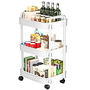 3 Tier Rolling Cart, Plastic Storage Cart, Multi-Functional Utility Cart Kitchen Storage Organizer,Mobile Shelving Unit Cart with Lockable Wheels for Bathroom,Laundry,Living Room,White