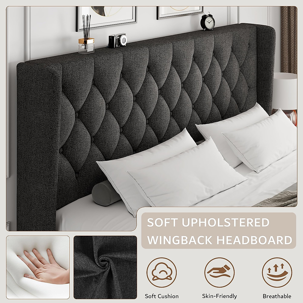 iPormis King Size Platform Bed Frame with Button Tufted Headboard, Upholstered Bed Frame with Solid Wooden Slats, 8" Underbed Space, No Box Spring Needed, Noise Free, Easy Assembly, Dark Gray