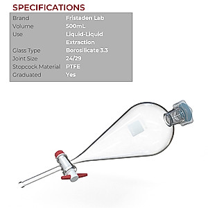 American Fristaden Lab 500mL Separatory Funnel with PTFE Stopcock Valve | Lab Quality Borosilicate Glass | 24/29 Joint Size | Separation Funnel for Lab Use