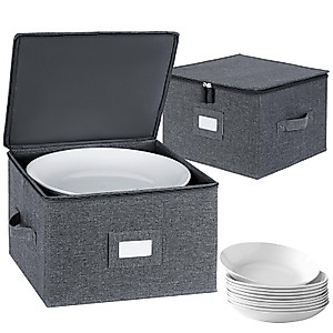 popoly China Storage Containers Inside 12" W x 8" H, Dinnerware Storage Box for Dishes Plate Storage with 24 Felt Dividers, Hold 24 Plates, Hard Shell and Stackable (2 Pack Grey)