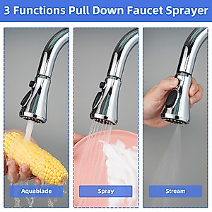 iFealClear Pull Down Kitchen Faucet Spray Head, 3 Function Anti-Splashing Faucet Head for Kitchen Sink, Kitchen Faucet Head Replacement Female Thread with 12 Adapters, Chrome