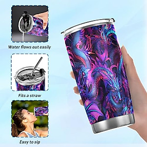 HXshaoye Cyberblue purple dragon Stainless Steel cups for hot and cold with Straw Leak Resistant Flip mug spill proof leak proof for School, Sports, Daycare, Camp & More leakproof 20oz coffee tumbler