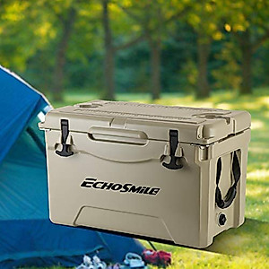 EchoSmile 35 Quart Rotomolded Cooler, 5 Days Protale Ice Cooler, Tan Ice Chest with Built-in Bottle Openers, Cup Holders, and Fish Ruler, Suit for BBQ, Camping, Pincnic, and Other Outdoor Activities
