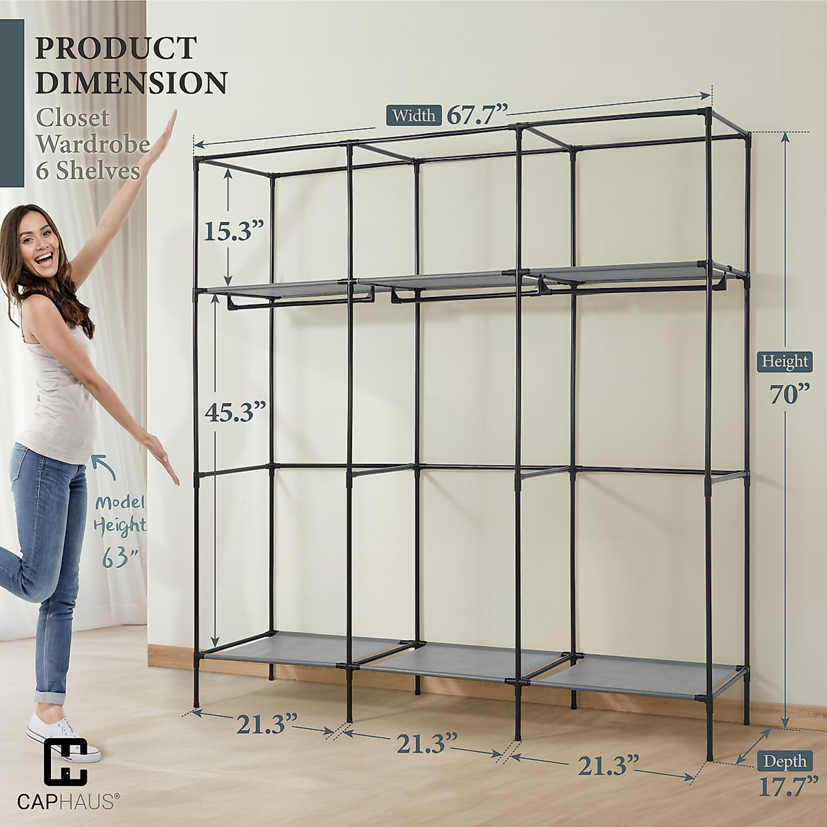 CAPHAUS 67-Inch Clothing Rack with Cover, Portable Closet Wardrobe, Covered Garment Rack for Hanging Clothes, 285LB Capacity Heavy-Duty Metal Frame Clothes Organizer Rack with Storage Shelves