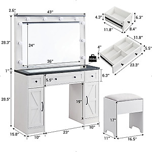 JXQTLINGMU Farmhouse Vanity Desk with Hollywood Makeup Mirror - Ample Storage Space with 3 Drawers & 2 Cabinets - Detachable Light Bulbs, Stool Included, Bedroom, White