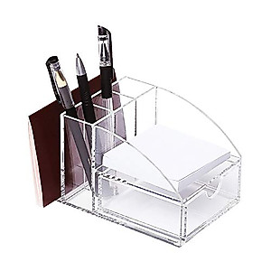 Ikee Design Acrylic Premium Desktop Office Supplies Organizer with Post It Note Pad Holder, Mail Storage and 3 Pencil Slots, Office Tool Storage Case, 3 7/8" W x 5 7/8" D x 3 1/2" H
