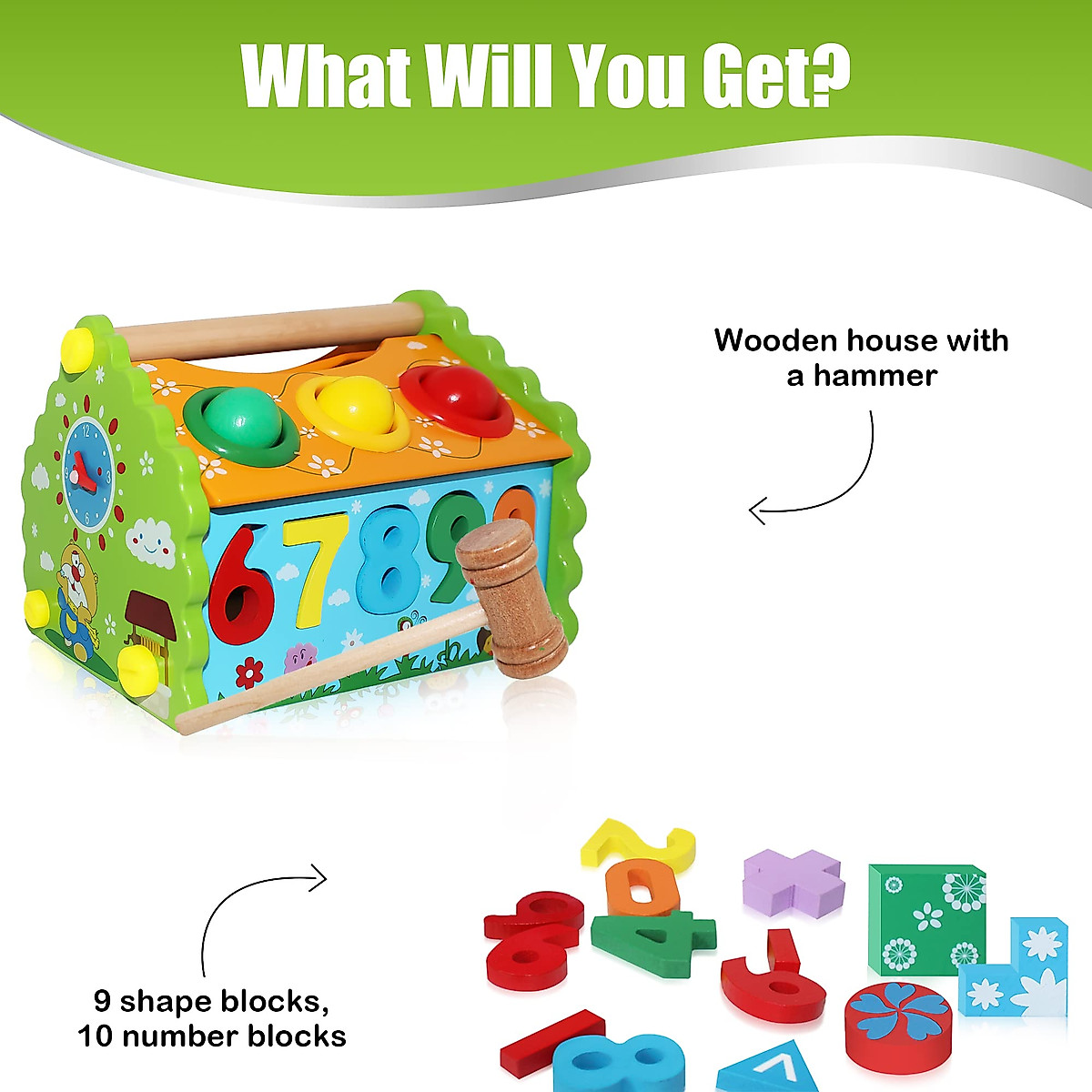 Xbears, Montessori Toys for 2 3 Year Old - Sorting Toy for Toddler, Kids - Pound a Ball - Gifts for Kids 2-4 - Fine Motor Skill Early Learning Toys - Educational Teaching Clock.