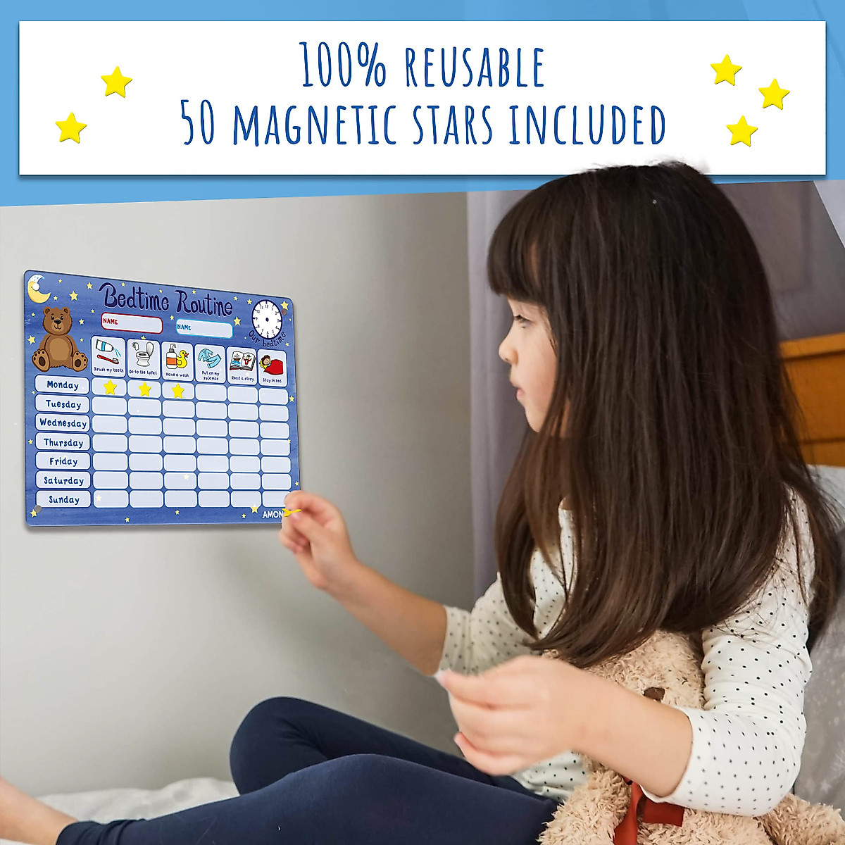 Amonev Magnetic Bedtime Routine Chart Reward Chart and Sleep Training Stay in Bed Chart for Boys Girls Toddlers and Young Children with Magnetic Stars. Reusable Wall Chart. Two Child.