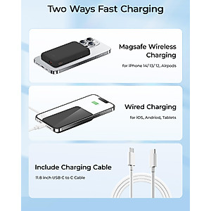 BENKS Magnetic Power Bank, Upgraded 10000mAh Wireless Portable Charger, for MagSafe Battery Pack with Two-Way 20W USB-C Ports, for iPhone 15/14/13/12 Series, Black