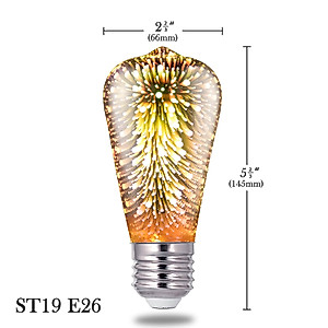 Porseme 3D Fireworks Decorative Light Bulb, E26 Base, 4W, AC100-240V, Glass Bulbs with Soft Warm Light, Shiny Decor for Home, Bedroom, Party (Included 3-Pack ST19 Bulbs)