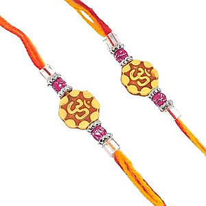 Set of 2 Rakhi Thread, Brown OM with Crystal and Pink Beads Rakhi, Rakhi for Bhaiya, Rakhi for Bhabhi, bhai, Brother.
