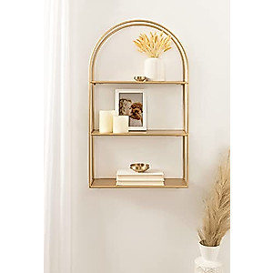 Kate and Laurel Monroe Modern Arched Wall Shelf, 18 x 31, Gold, Decorative 3 Tier Floating Wall Shelves with Glamorous Finish and Robust Storage Capacity