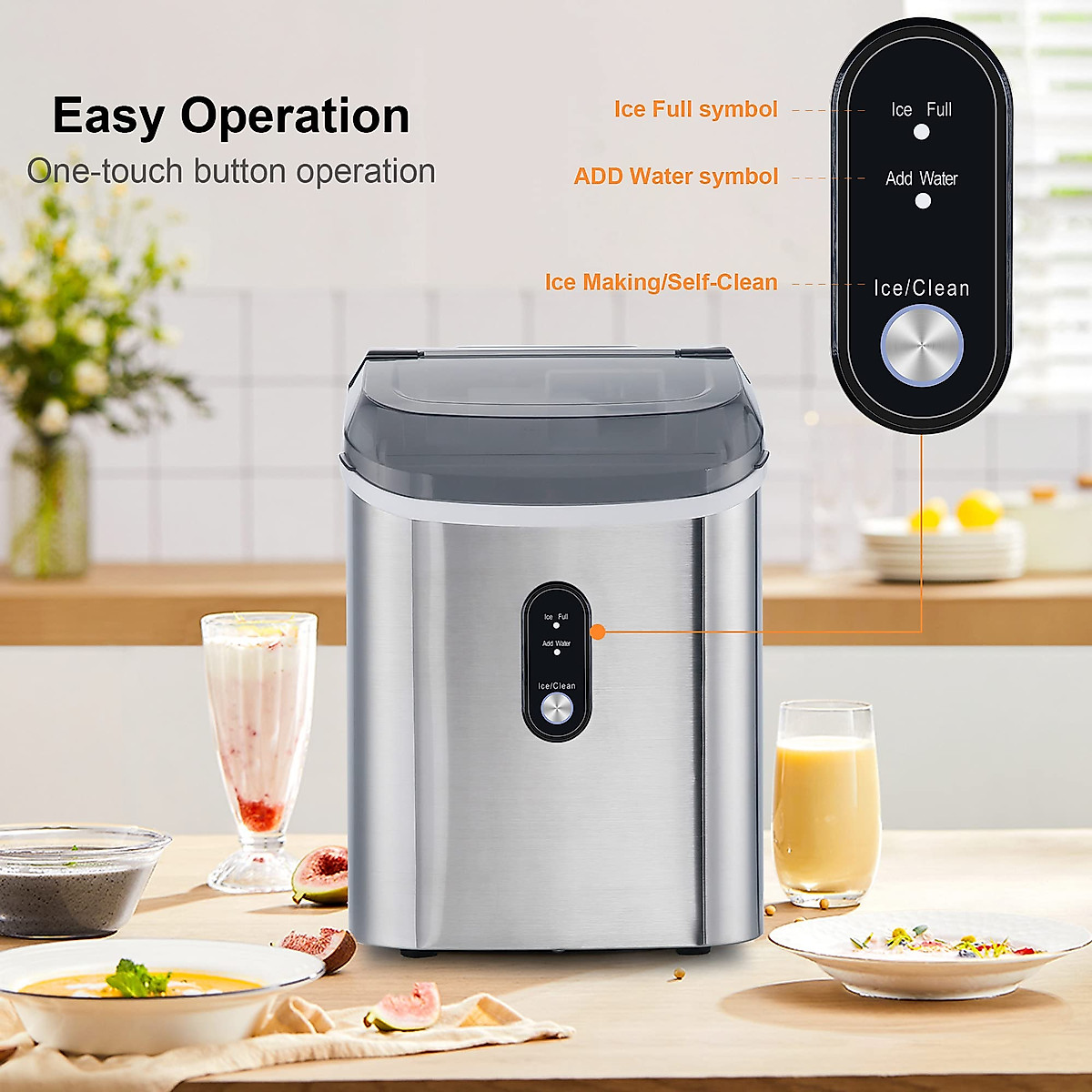 HUMHOLD Nugget Ice Maker Countertop, 33Lbs Chewable Pebble Ice Per Day, Auto Self Cleaning, Crunchy Pellet Ice Cubes Maker Machine, Portable Compact Design for RV/Home/Kitchen/Office