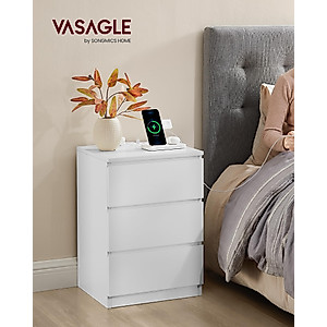 VASAGLE Nightstand with Charging Station, 2 AC Outlets and 2 USB Ports, Bedside Table, Side Table with 3 Drawers, Modern Style, 13.8 x 15.7 x 23.2 Inches, Cloud White ULET631W16