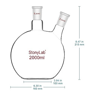 stonylab Flat Bottom Flask FBF, Heavy Wall 2-Neck Lab Flask Borosilicate Glass Flat Bottom Boiling Flask with 24/40 Standard Joint, 2000 ml (2 L)