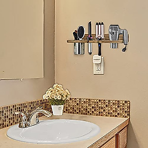 Bathroom Wall Mount Hair Dryer Holder Hair Care & Styling Tool Organizer, Farmhouse Wooden Beauty Hair Appliance Holder for Flat Iron, Curling Wand, Hair Straighteners, Brushes,Dark Brown