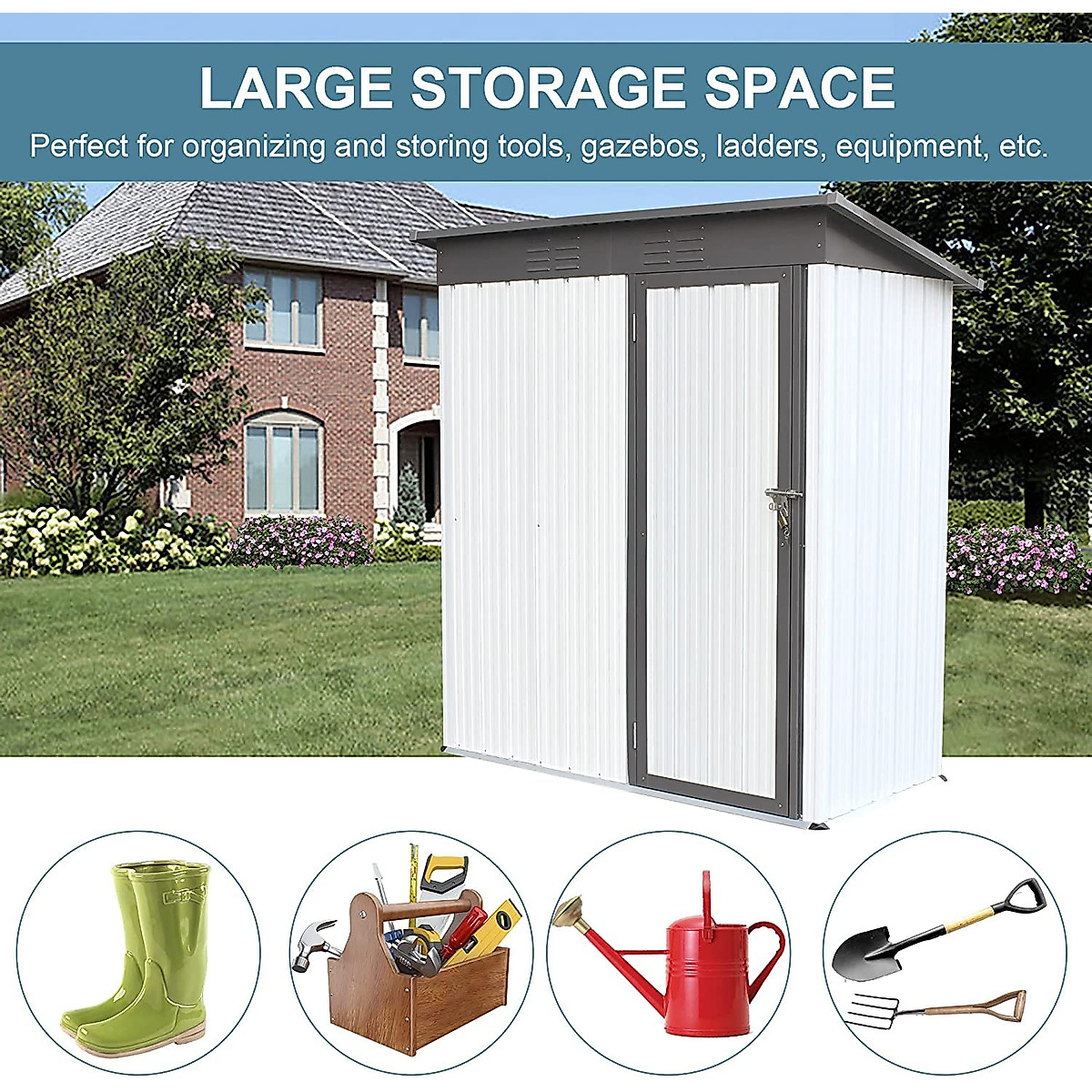 Rophefx 5' x 3' Outdoor Metal Storage Shed, Outside Waterproof Tool Shed, Steel Garden Shed with Single Lockable Door for Backyard, Patio, Lawn, White & Grey