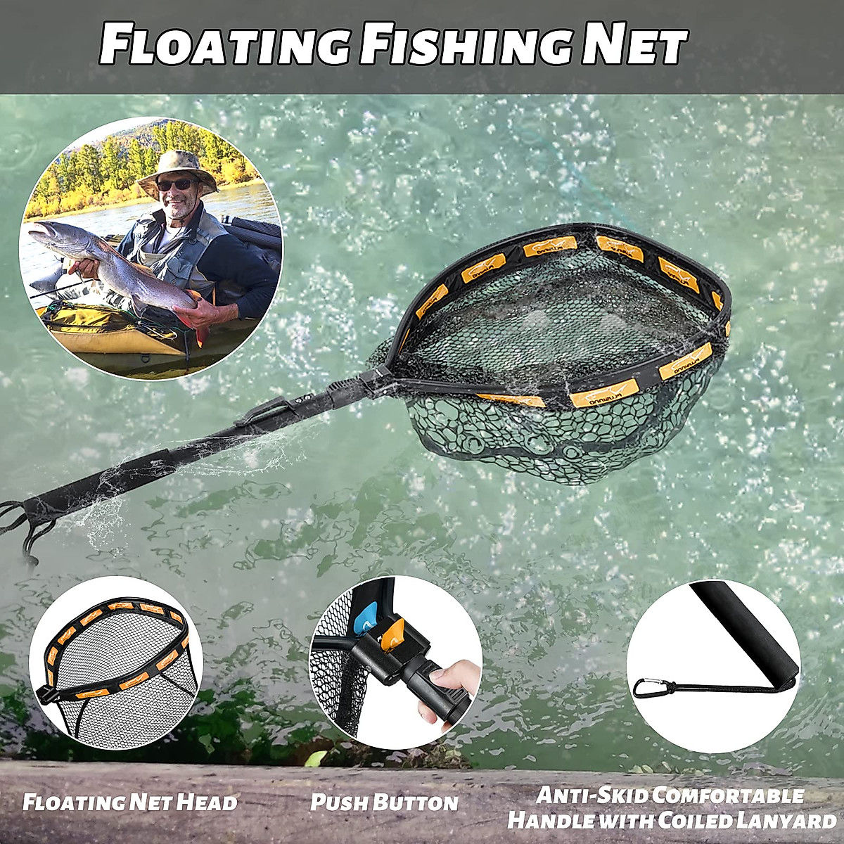 PLUSINNO Floating Fishing Net, Rubber Coated Fish net for Easy Catch and Release, Fishing Nets Freshwater for Bass, Trout, Walleye, Kayak, Folding Landing Net for Easy to Carry and Storage