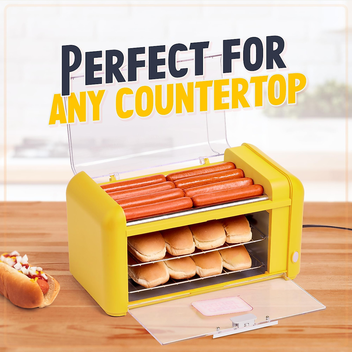 Oscar Mayer Extra Large 8 Hot Dog Roller & 8 Bun Toaster Oven, Stainless Steel Grill Rollers, Non-stick Warming Racks, Perfect for Hot Dogs, Egg Rolls, Veggie Dogs, Sausages, Brats, Adjustable Timer