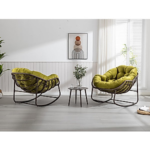 Outdoor Rocking Chair, Patio Oversized Rattan Egg Rocking Chair, Indoor Outside Padded Cushion Rocker Recliner Chair, Modern Lounge Chair for Front Porch, Garden, Backyard, Balcony, Deck, Olive Green