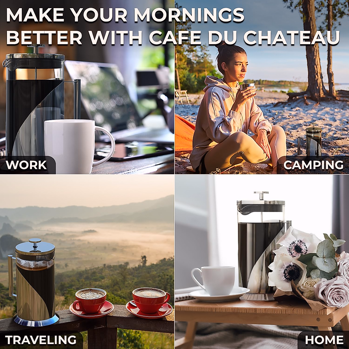 Cafe Du Chateau French Press Coffee Maker - Heat Resistant Glass with 4 Level Filtration System, Stainless Steel Housing - Brews Coffee and Tea - Large 34 Oz Carafe Coffee Presser